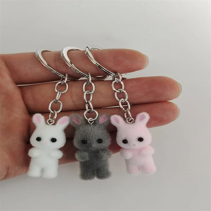 1PCS-3D-Cartoon-Flocking-Rabbit-Keychain-Kawaii-Bunny-Key-Ring-Animal ...