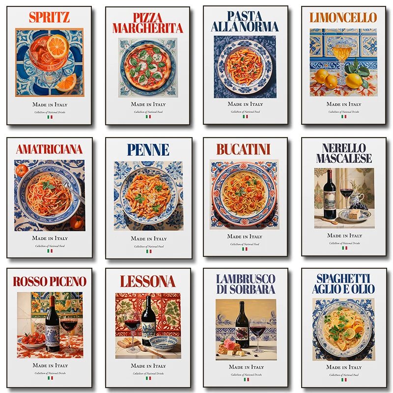 Classic-Italian-Food-Red-Drink-Wine-Pizza-Spaghetti-Lemon-Poster-Art ...