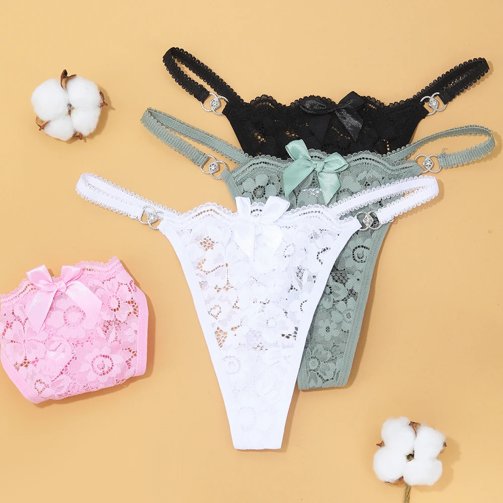 VKME Sexy Lace Flower Translucent Thongs Panties Women's Low rise Bowknot Intimate Underwear ...