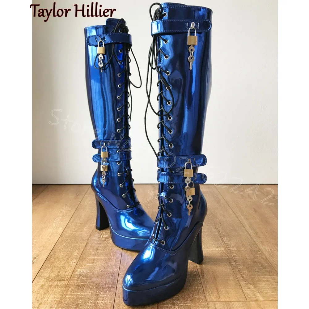 Blue Shiny Locked Knee-High Boots Round Toe Side Zipper Lace-Up ...