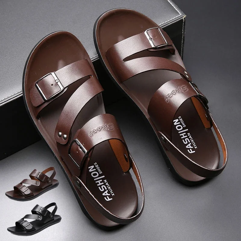 Simple Men's Sandals Solid Color PU Leather Men's Summer Shoes Casual ...