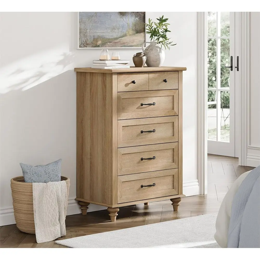 Mid-Century 5-Drawer Solid Wood Chest for Bedroom, Oak Farmhouse Style ...