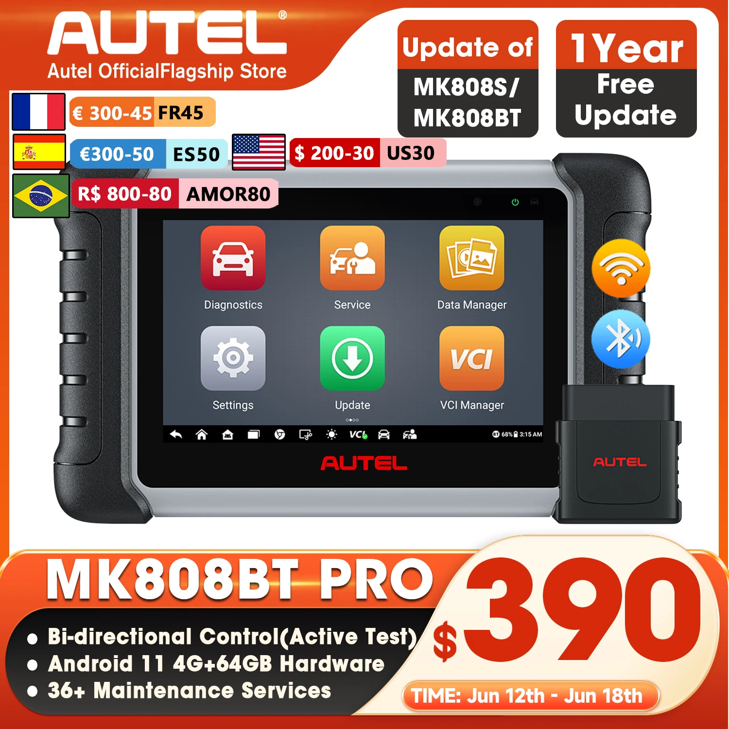 Autel Maxicom Mk808bt Pro Car Bi-directional Diagnostic Tools Obd2 ...