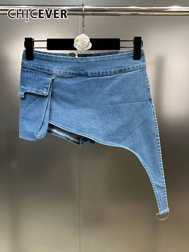 CHICEVER-Asymmetrical-Denim-Shorts-For-Women-High-Waist-Patchwork ...