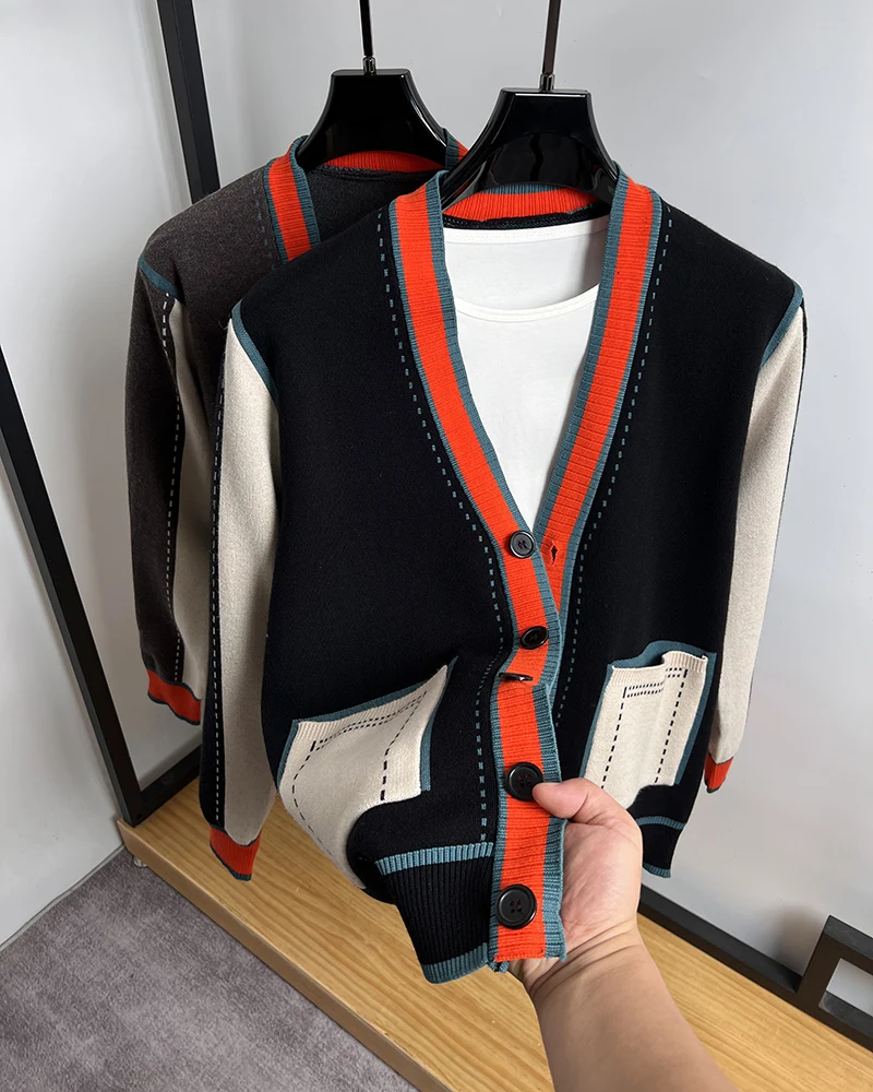 Color-blocking-V-neck-cardigan-men-s-knitted-sweater-high-end-trend ...