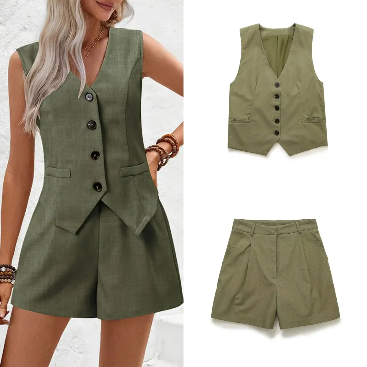 Women-s-Elegant-Solid-Colour-Linen-Vest-Pants-Set-Single-Breasted-V ...
