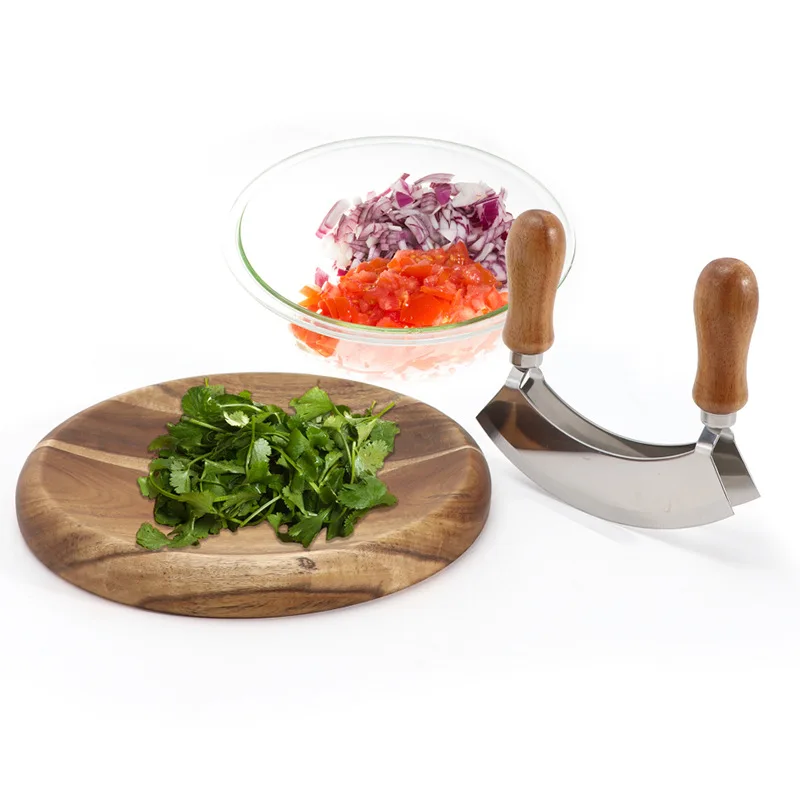 Salad Chopper With Wood round Herb Board Mezzaluna Knife with Handle ...
