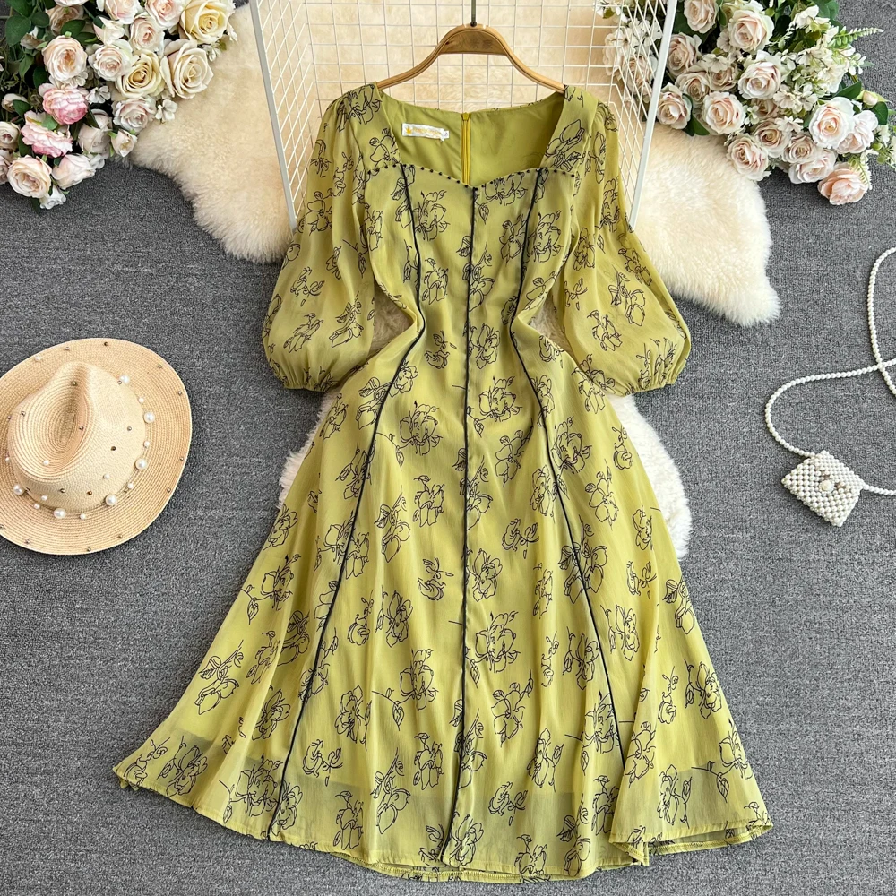 Spring-Autumn-Print-Dress-Women-Square-Neck-Seven-point-Lantern-Sleeve ...