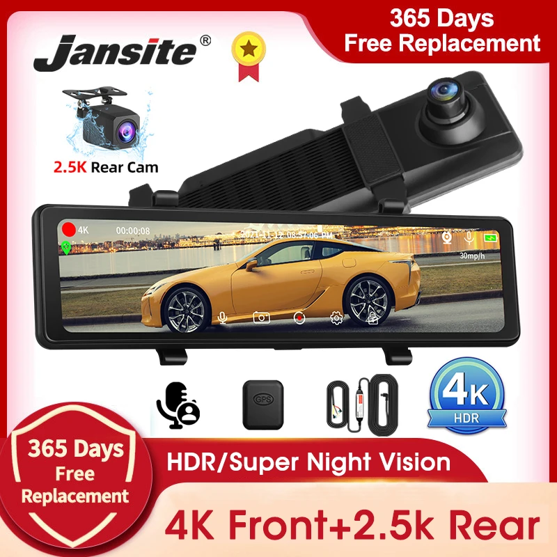 Jansite 11.26" Dashcam 4K Front and 2.5K Rear Camera Voice Control Recorder Dual Lens Super ...