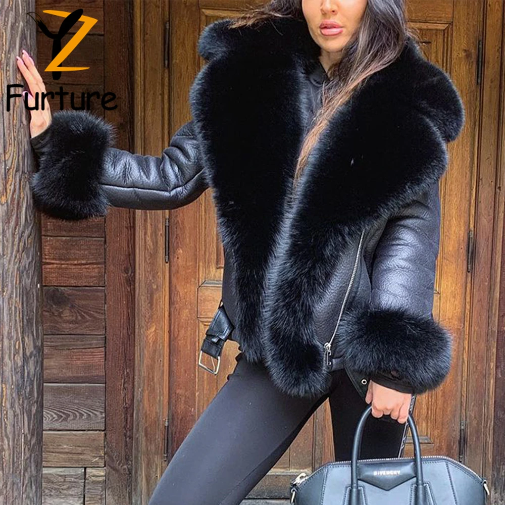 2022 New Winter Women Real Fur Coat Genuine Sheep Leather Jacket With Natural Fox Fur Collar And ...