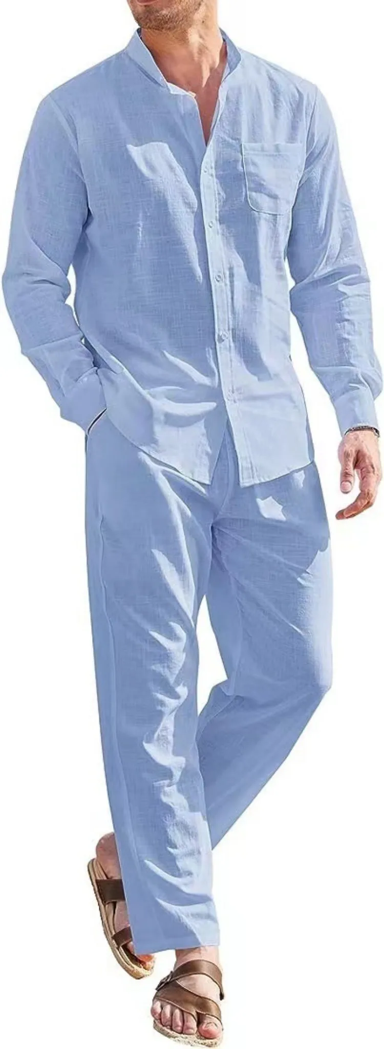 Men's Beach Casual Sky Blue White Black Sports Suit Linen Loose Long ...