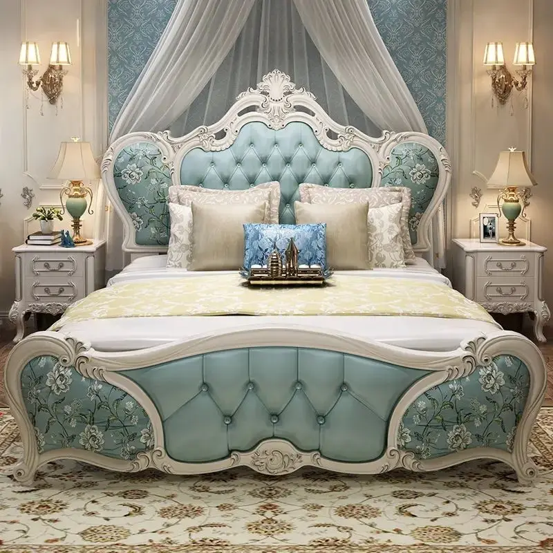 European Luxury King Bed Diamond Carved Faux Leather Kama Tufted Wooden ...