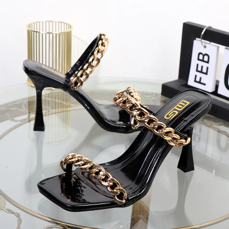 Golden chain women's slippers new in 2022 square toe high heel outdoor ...
