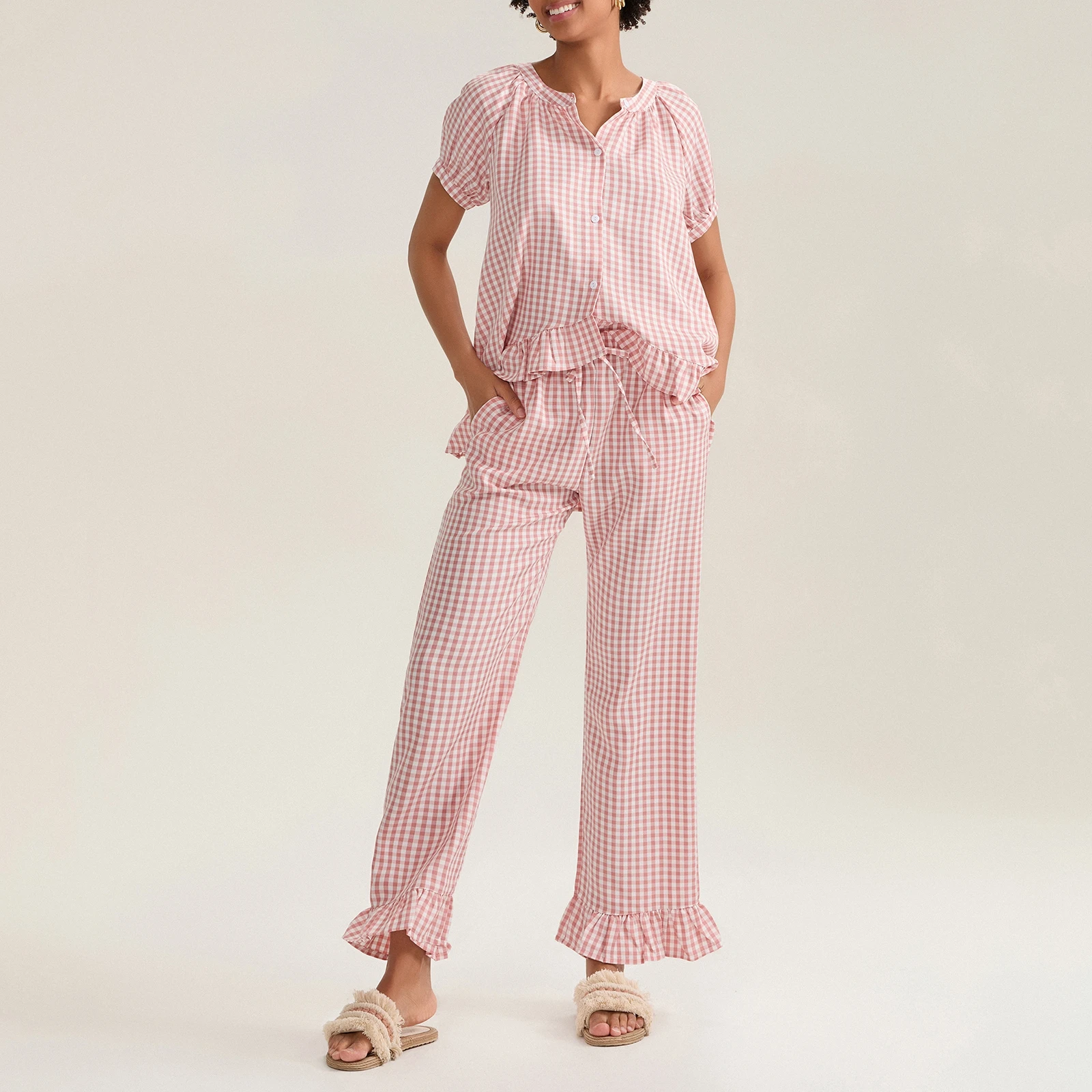 Women-s-2-Piece-Pajama-Set-Short-Sleeve-Plaid-Print-Button-Up-Shirt ...