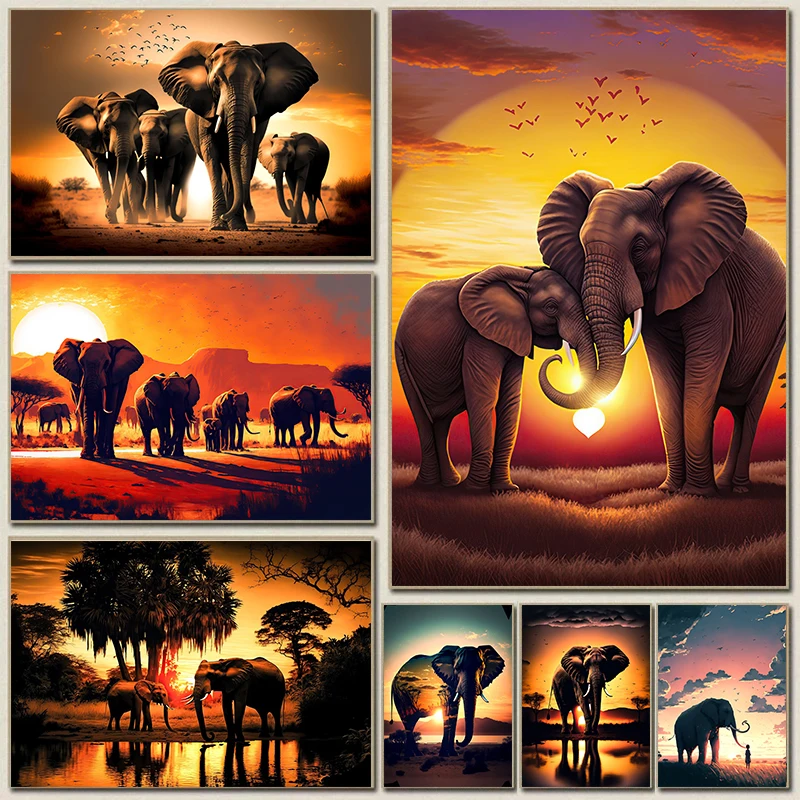 VintageWild-Elephants-Sunset-Landscape-Elephant-Animal-Art-Posters ...