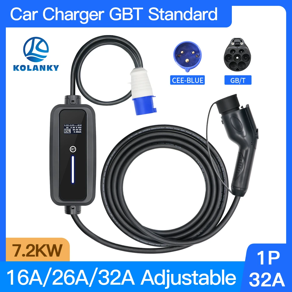 EV Portable Charger Wallbox GBT Plug 32A 7.2KW 5m Cable Adjustable EVSE ...