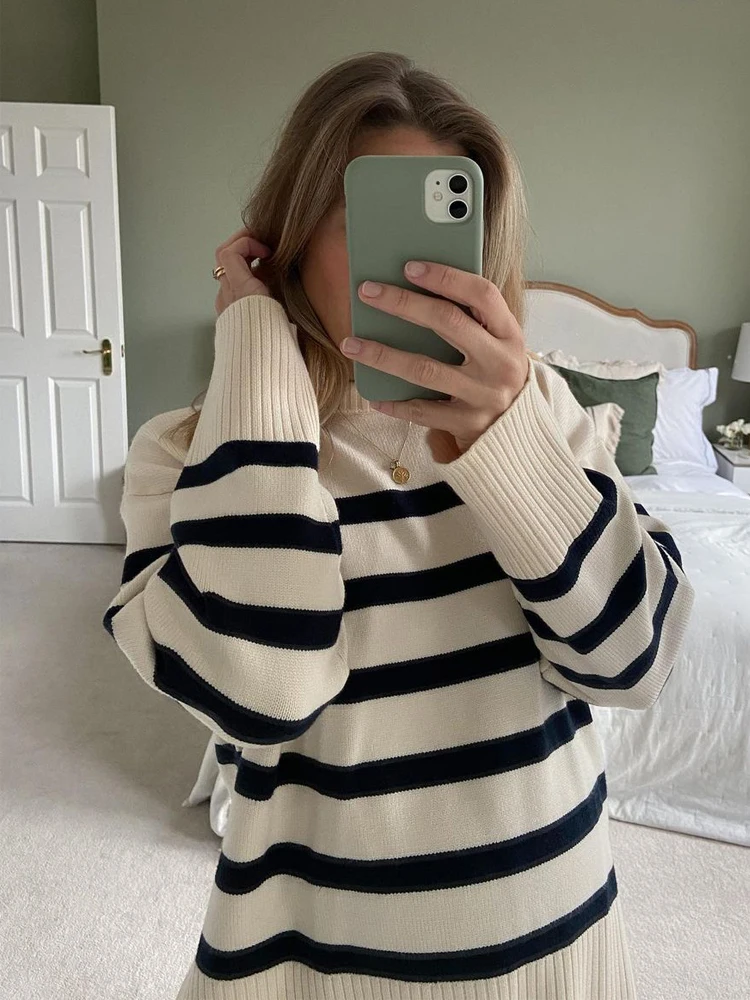 YENKYE jesień kobiety 2022 moda elegancki dzianinowy sweter w paski ...