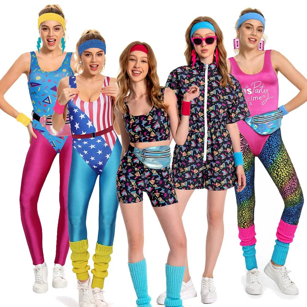 Women 80s 90s Cosplay Yoga Costume Hippie Disco Workout 2 Piece ...