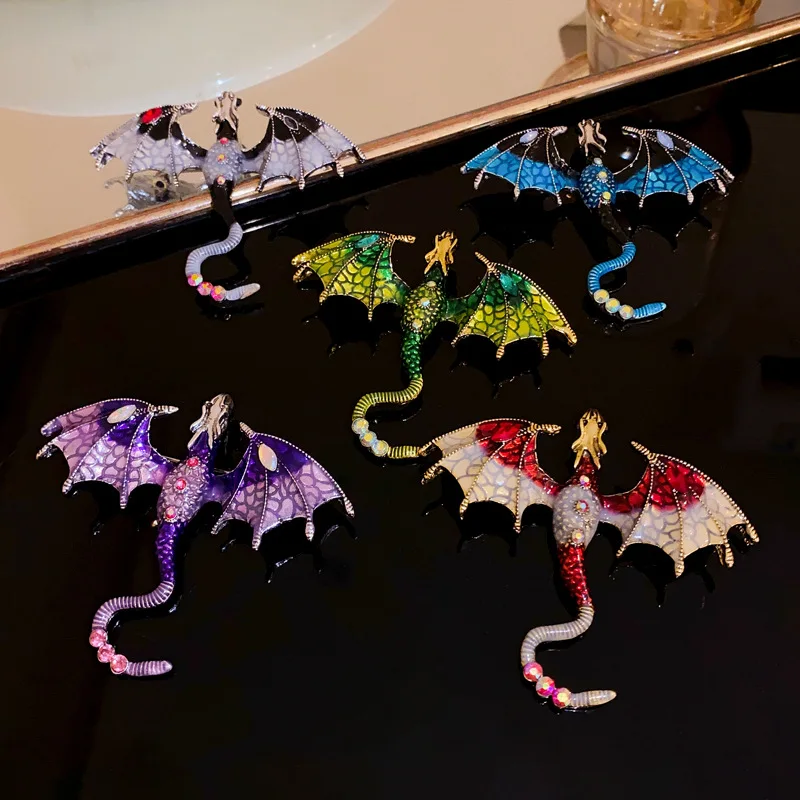 Enamel Flying Dragon Lapel Pins for Women Rhinestone Animal Brooch Pin ...