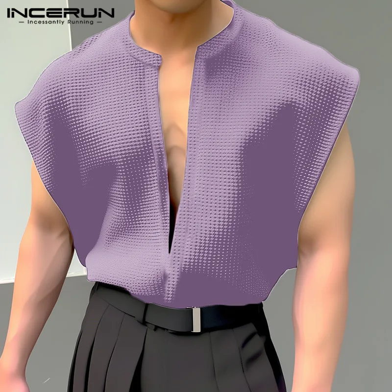 INCERUN-Tops-2024-Korean-Style-Handsome-Mens-Solid-Textured-Vests ...