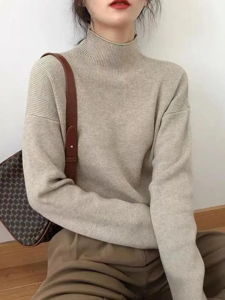 Solid Splicing Turtleneck Knitted Sweater Pullover Women Loose Long ...