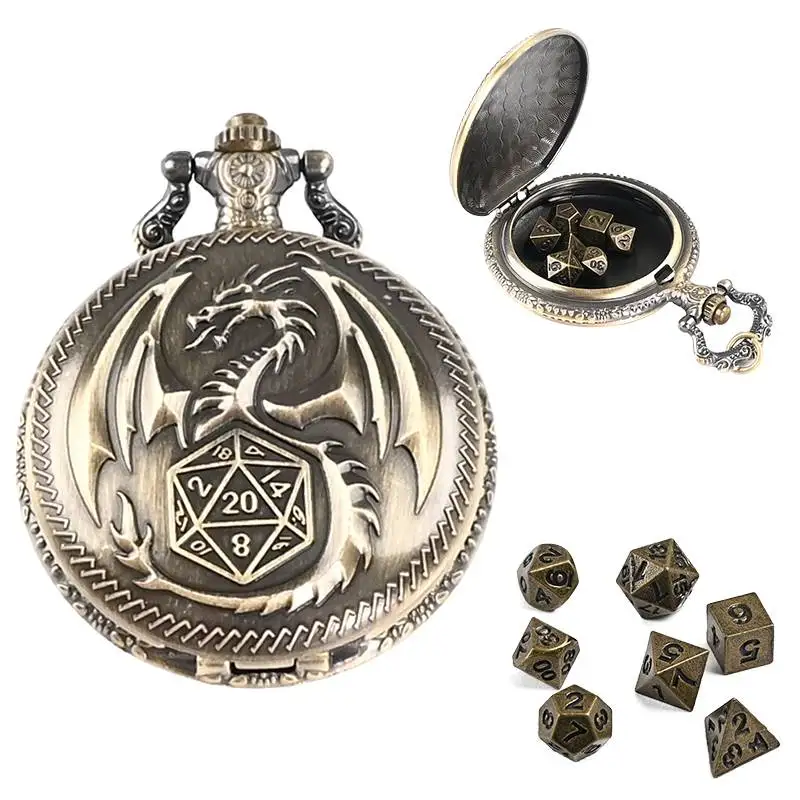 7PCS DND Mini Dice Set With Vintage Pocket Watch Shell for Dragon ...