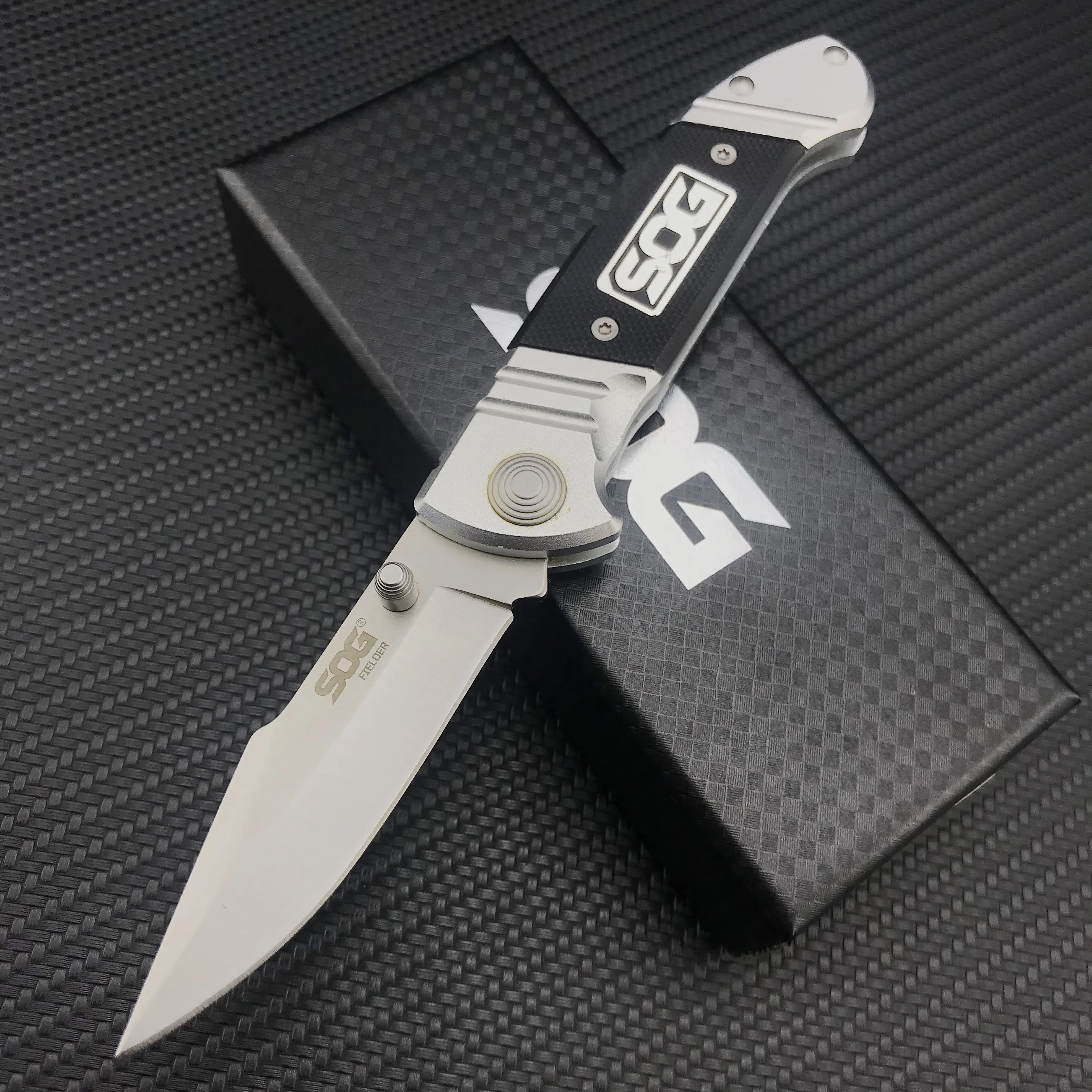 SOG Fielder EDC 접이식 440C 포켓 나이프, 알루미늄 상감 G10 핸들 야외 캠핑 사냥 스테인레스 스틸 Do It ...