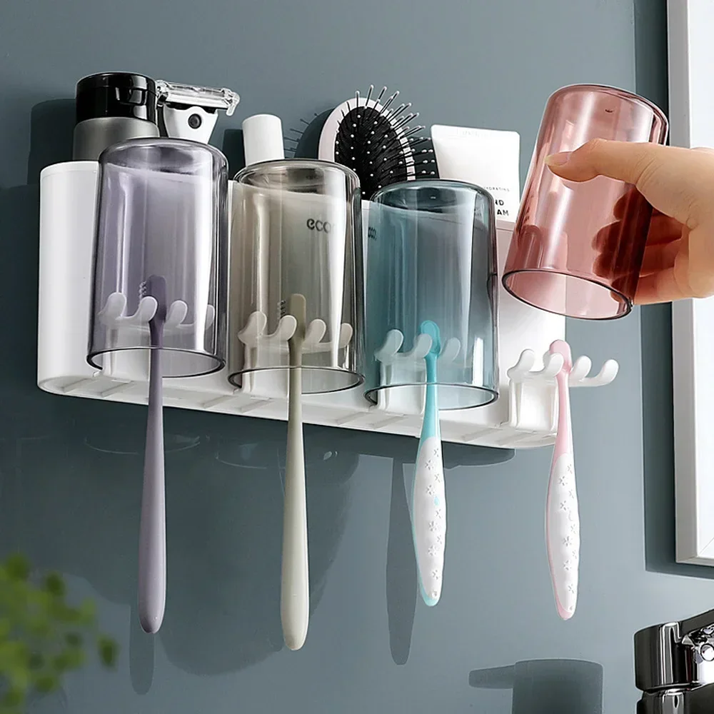 Bathroom-Toothbrush-Rack-Mouthwash-Cup-Rack-Hole-Free-Wall-Mounted ...