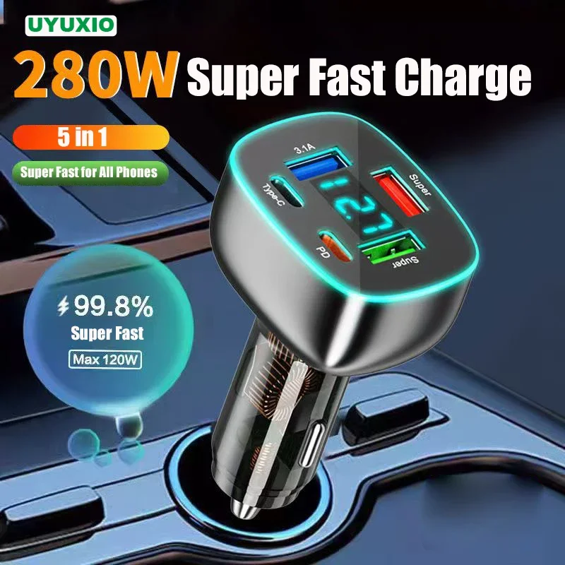 280W Super Fast USB C Car Phone Charger Adapter PD 30 with Voltage ...