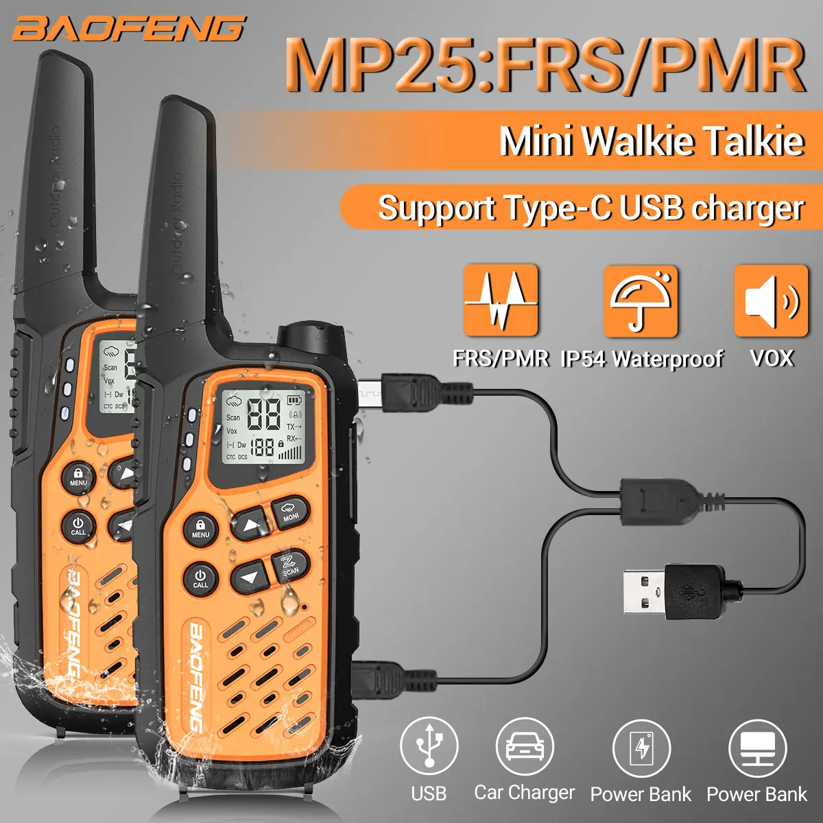 2pack Baofeng Mp25 Long Range Rechargeable Pmr/frs Walkie Talkie With ...