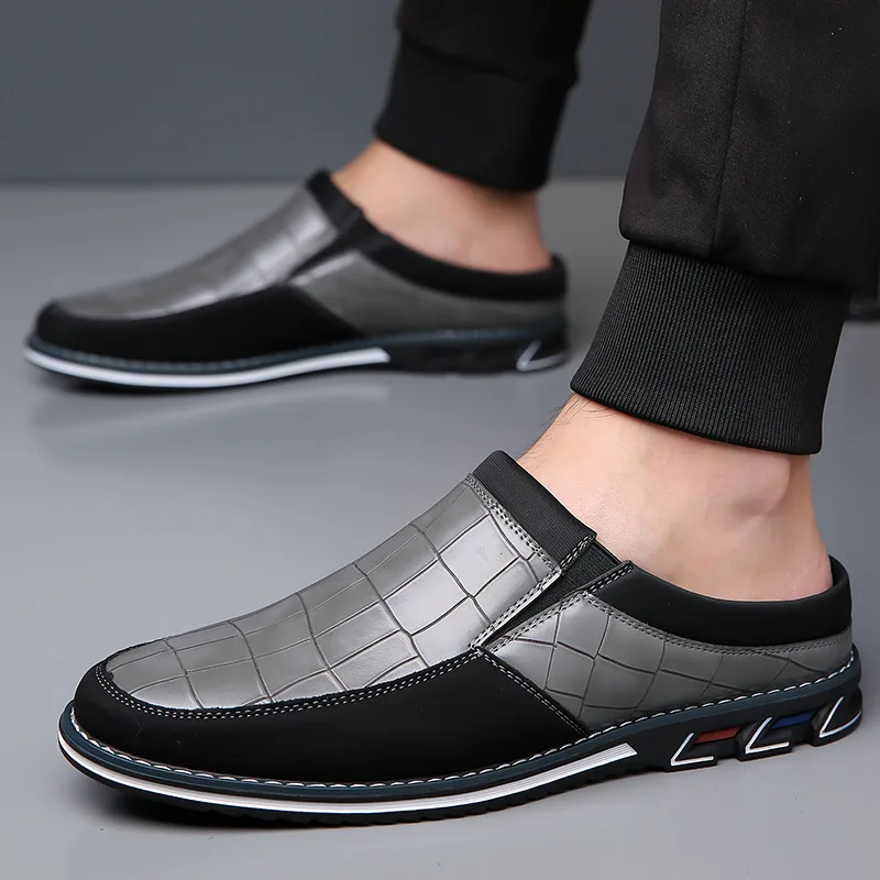Men's half slippers, PU leather shoes without heels, men's casual lazy ...