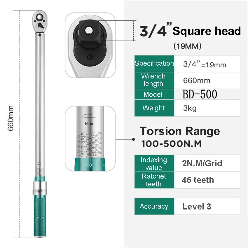3/4 Square Drive Torque Wrench 500N.m Accuracy 3% Car Bike Repair Hand ...