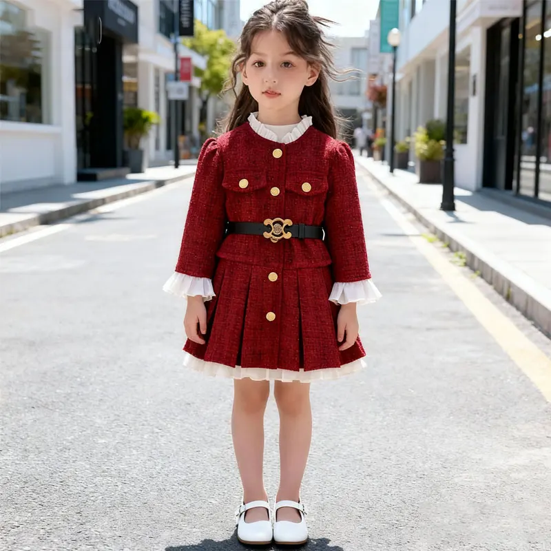 Girls Casual Dresses Girls Tweed Dress Winter Red Lace Princess Gown ...