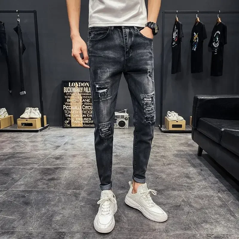 Elastic-Tapered-Ripped-Men-s-Jeans-Man-Cowboy-Pants-Black-with-Holes ...