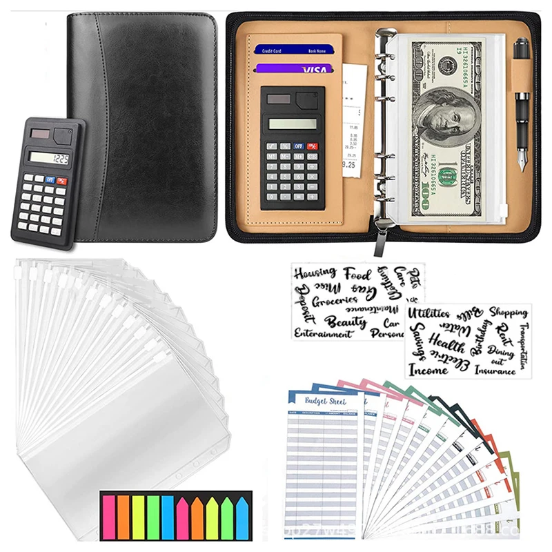 A6/A5 Business PU Leather Folder Padfolio Budget Binder Cash Envelope ...