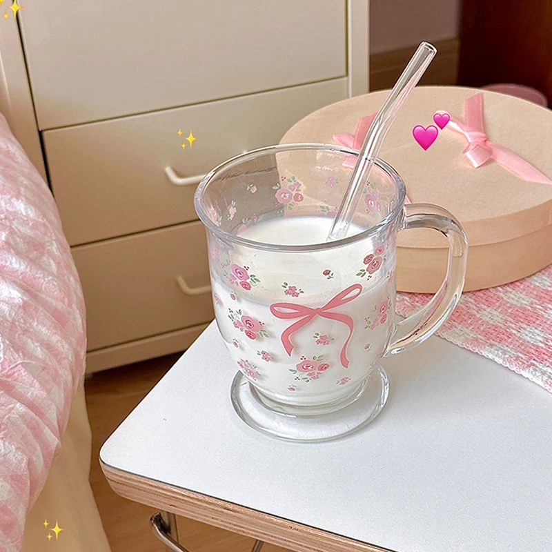 Kawaii-Bowknot-Glass-Cups-Tumbler-Aesthetic-Cute-korean-Flower-Mugs-For ...