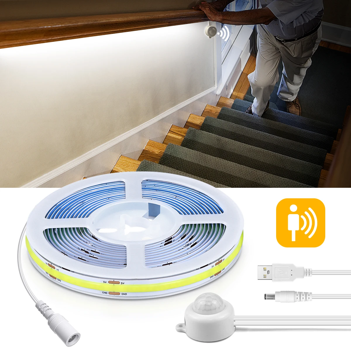 PIR-Motion-Sensor-LED-Strip-Light-USB-COB-5V-Light-Tape-Bedroom-Kitchen ...
