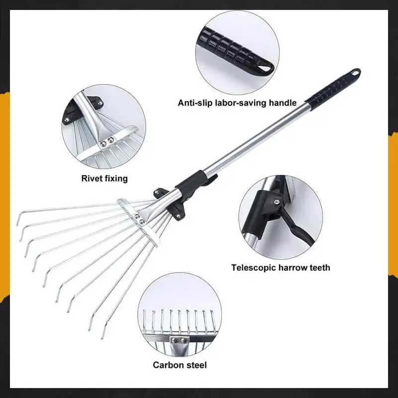 Telescopic-Garden-Leaves-Sweeping-Rake-Stainless-Steel-Portable-9-Teeth ...