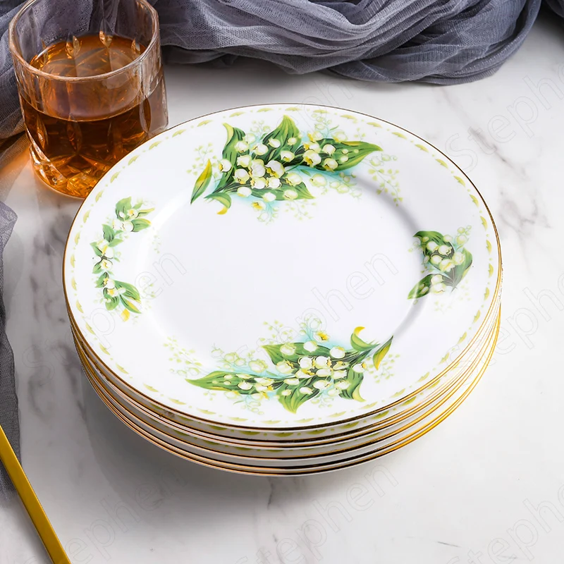 6Pcs Painted Lily of The Valley Ceramic Plate Set Nordic Modern Golden ...