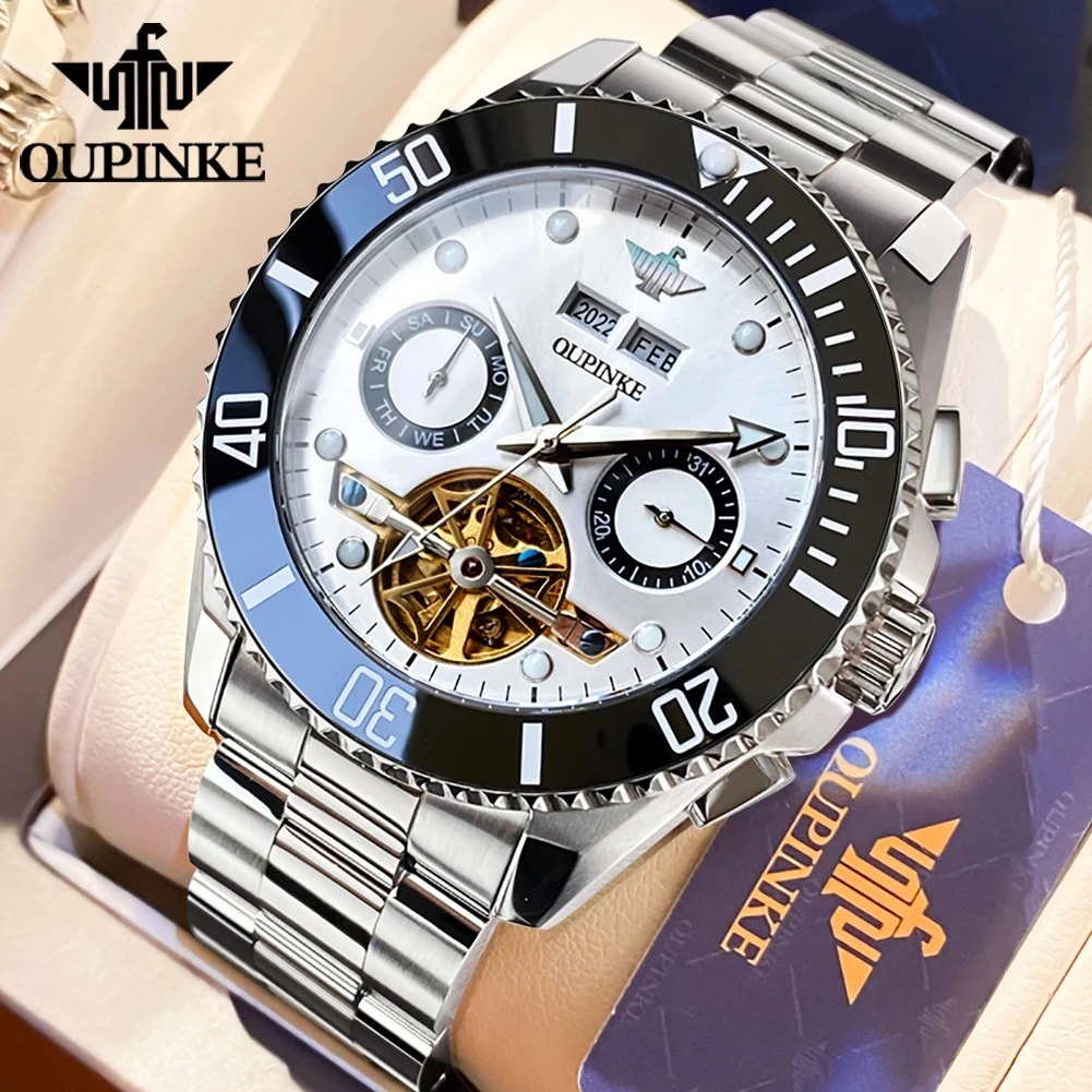 OUPINKE Auto Mechanical Watch for Men White Black Panda Eye Skeleton Design Luxury Top Brand ...