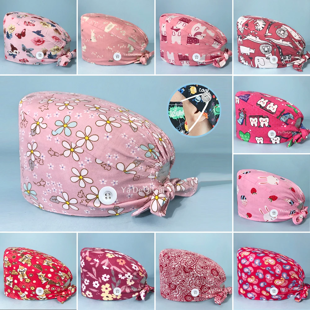 Red flower printing scrubs hat adjustable pet clinic nursing cap ...