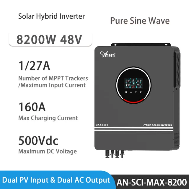 Anern 10.2KW Hybrid Inverter Off Grid Inverter 48v on Grid Solar Inverter Pure Sine Wave Bulit ...