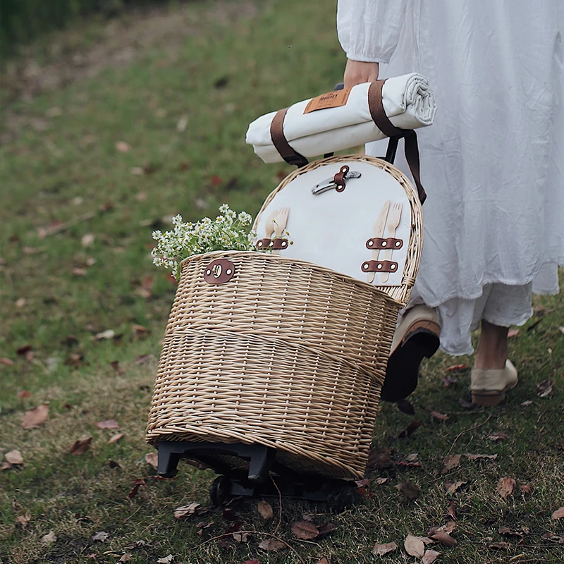 Rattan-Picnic-Basket-Wicker-Weaving-Trolley-Case-Outdoor-Travel-Camping ...