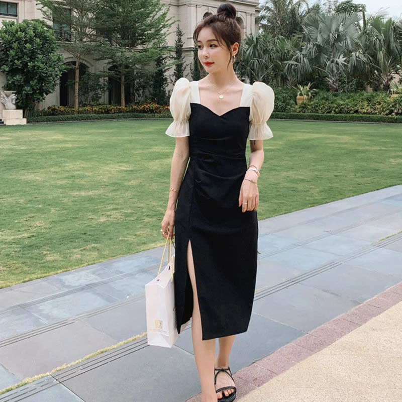 Gaun Split Hitam Putih Wanita Gaun Pendek Longgar Pinggang Tinggi Mode ...
