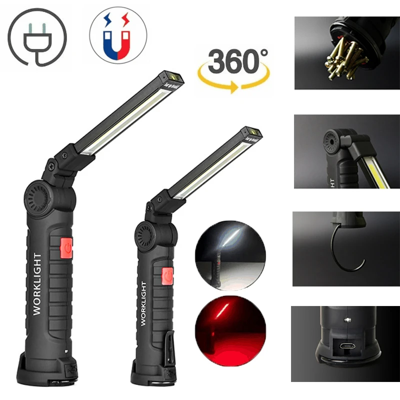 Portable COB LED Flashlight USB Rechargeable Work Light 5 Modes ...