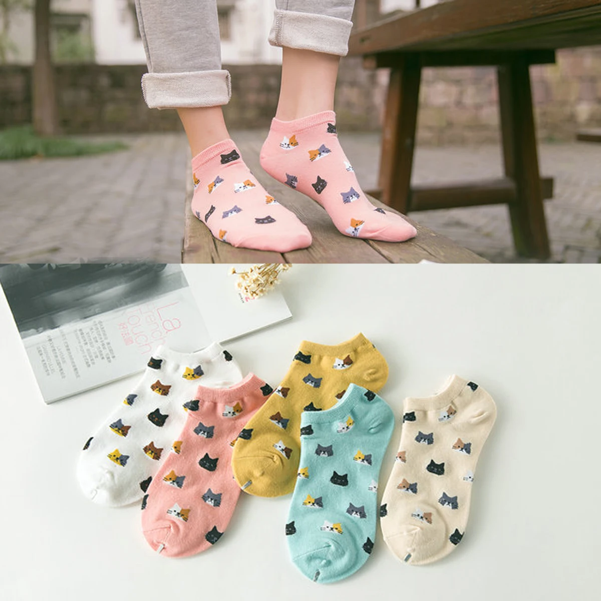 5 Pairs Women Girls Cute Cartoon Cotton Socks Short Summer Ankle Socks ...