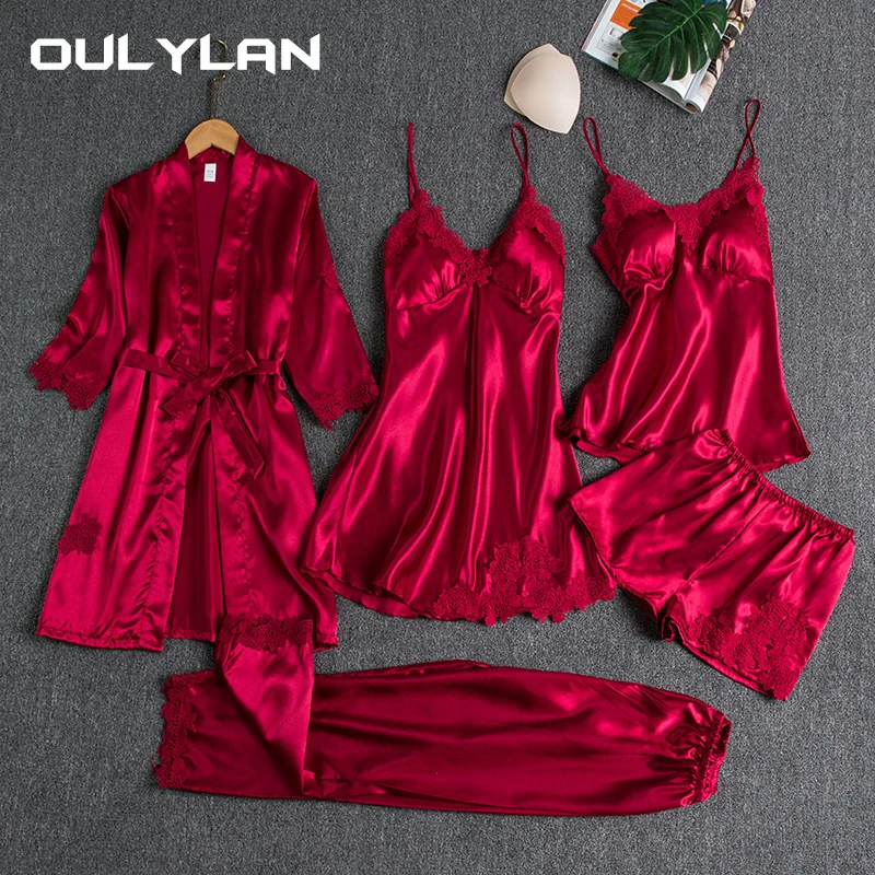 5PC-Silk-Robe-Sleep-Suit-Womens-Lace-Satin-Pajamas-Gown-Set-V-Neck-Cami ...