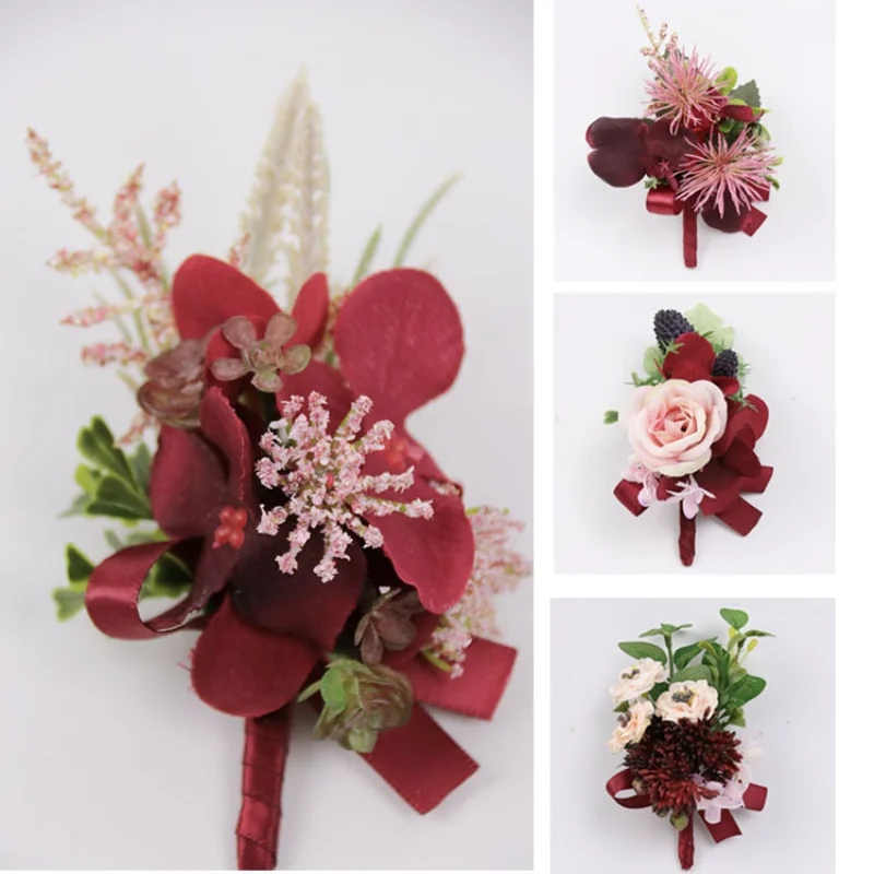 Burgundy-Artifical-Boutonnieres-Wrist-Corsage-groomsmen-botonier-boda ...