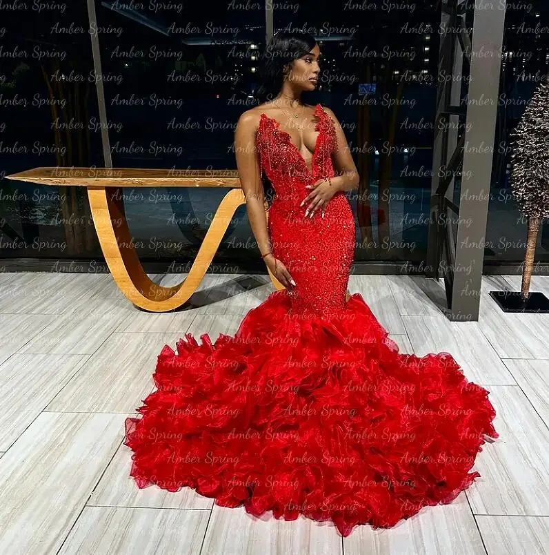 Customized Goregeous Red Evening Dresses Crystal Applique Fomral Long ...