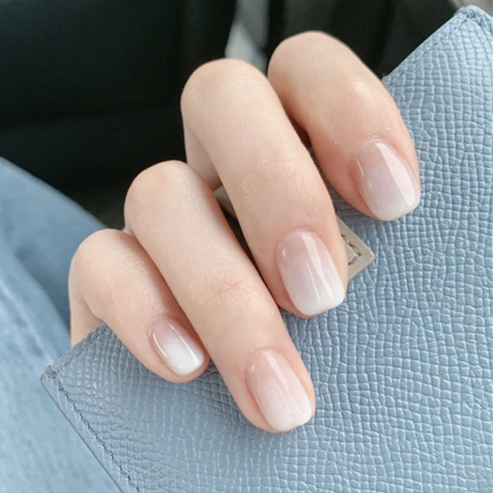 24 Pcs Glossy Short Squaval Press On Nails Pink French Style Gradient ...